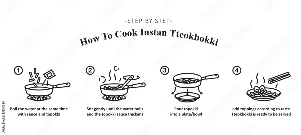 Topokki (Tteokbokki) Korean rice cake. Vector illustration of making ...