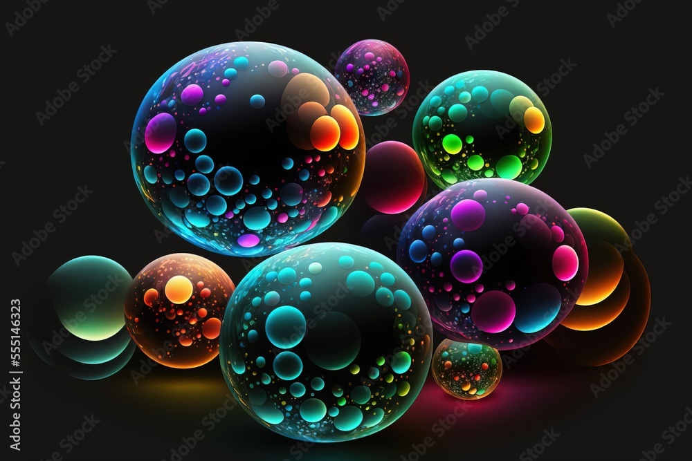 4K resolution or higher, Glowing and illuminated spherical coloured orbs. Generative AI ...