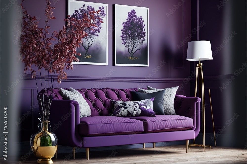 Purple room with sofa. Living room interior. Scandinavian interior ...