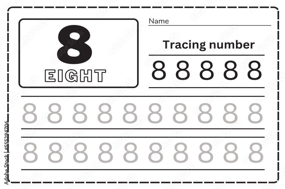 Number eight tracing practice worksheet for kids learning to count and ...