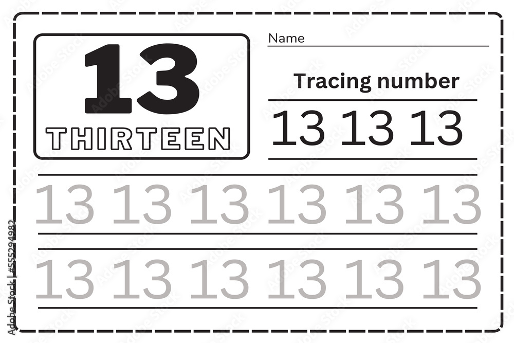 Number thirteen tracing practice worksheet for kids learning to count ...