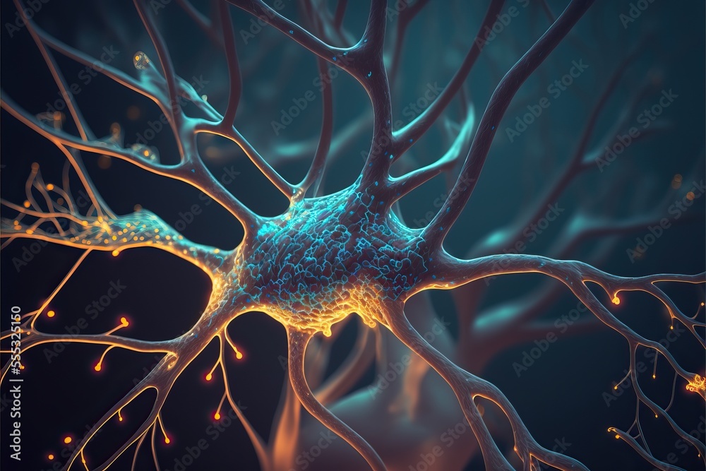 Brain neuron in 3d, neural network, branching dendrites, electrical ...