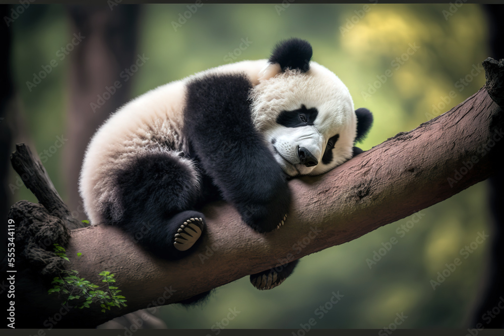 Panda Bear Sleeping on a Tree Branch, China Wildlife. Cute Lazy Baby ...