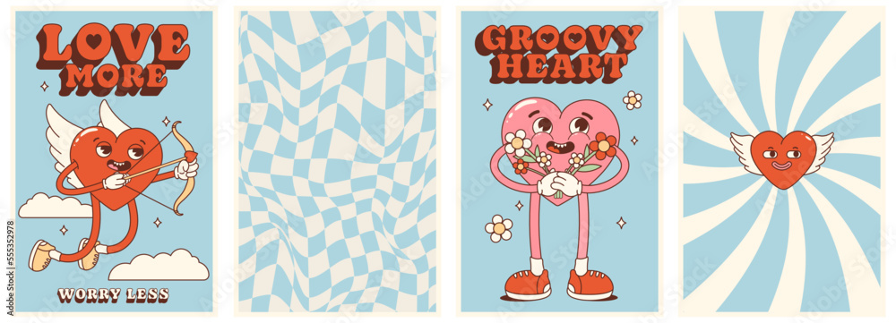 Set retro groovy poster with heart and abstract background. Happy ...