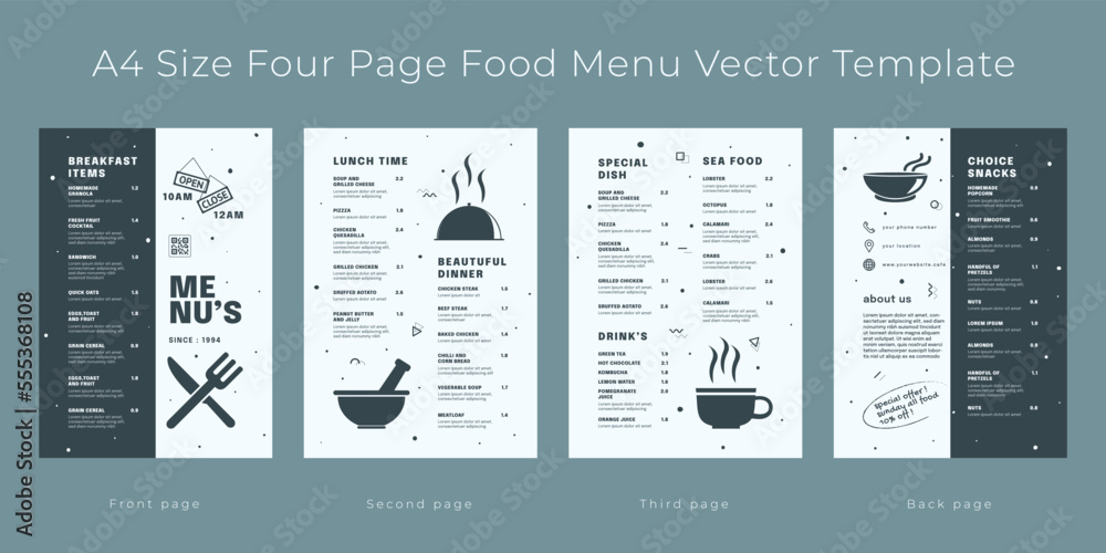 Restaurant cafe menu, template design, A4 size, four page food menu ...