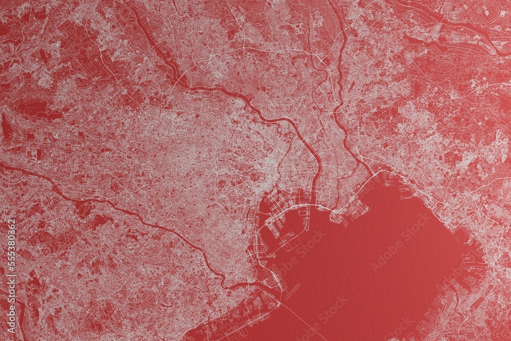 Map of the streets of Tokyo (Japan) made with white lines on red paper ...