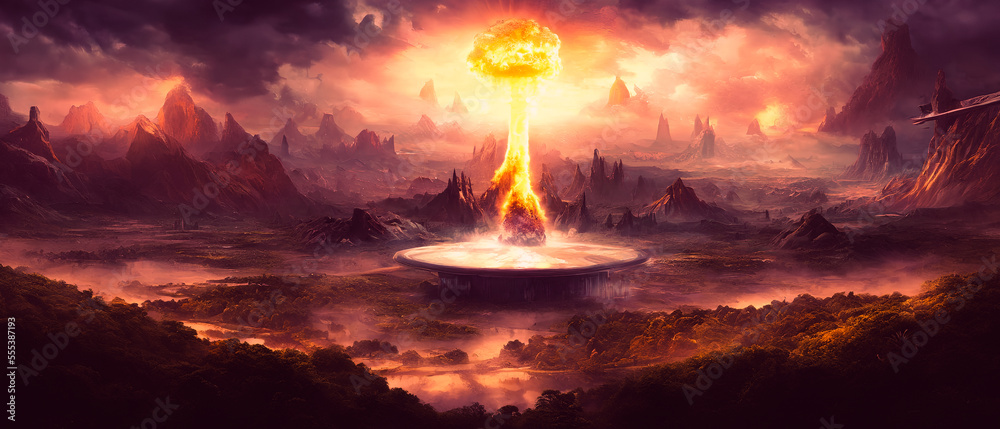 This painting depicts the aftermath of an atomic bomb explosion in a ...