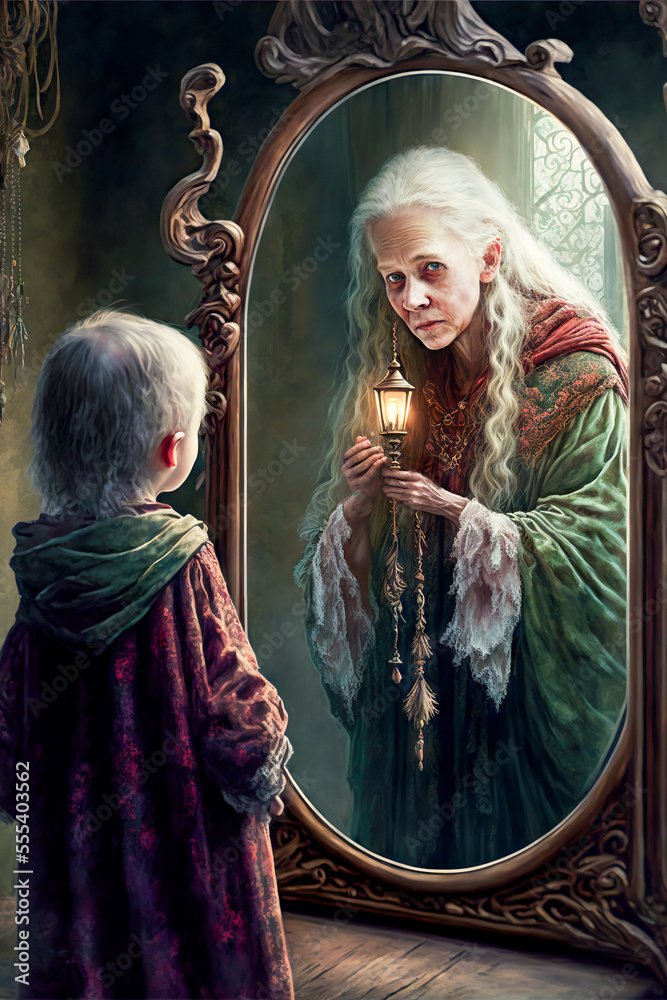 Old Woman and young child looking in the mirror seeing her reflection at a different age ...