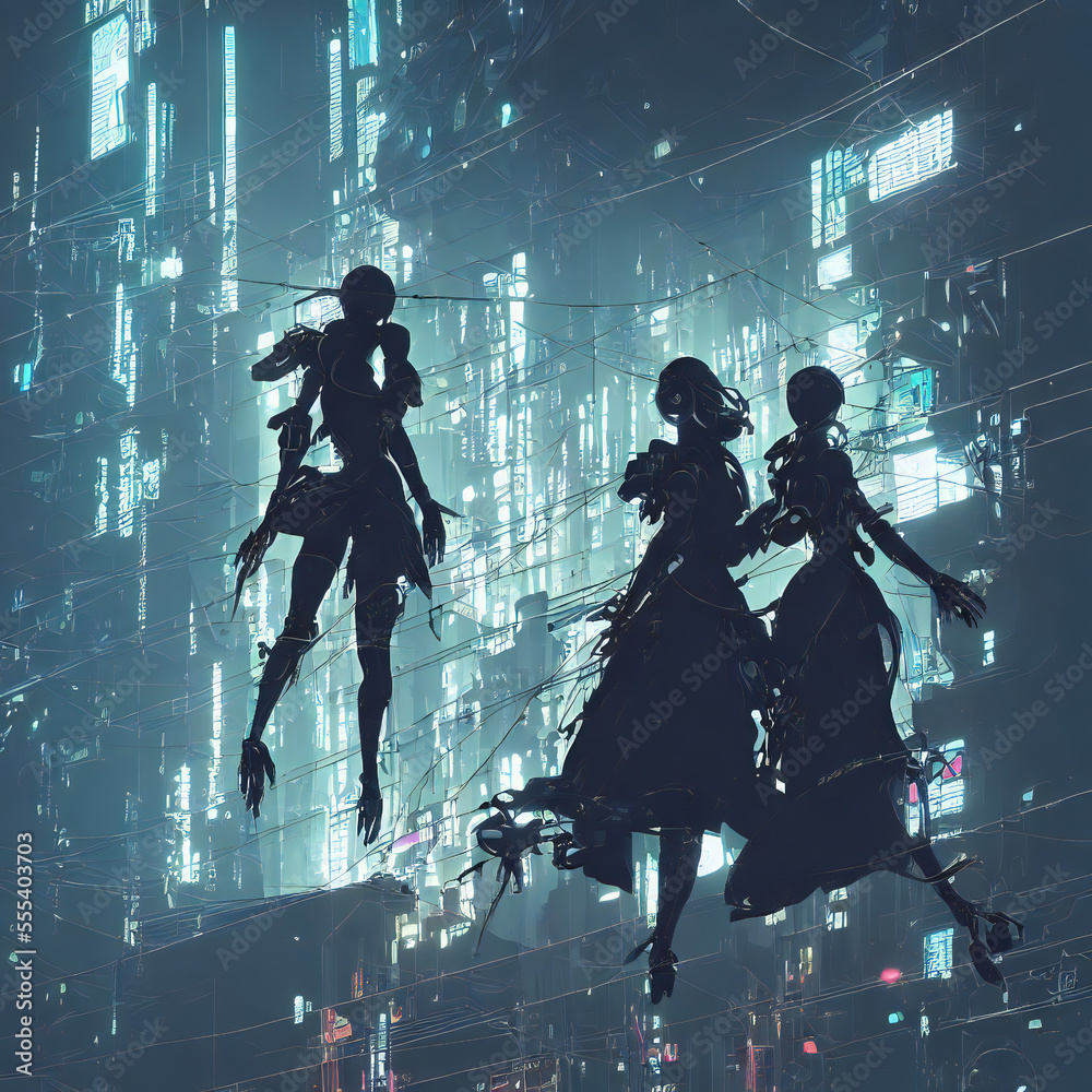Cyber Female Entities Floating In Front Of Cyberpunk City, Illustration ...