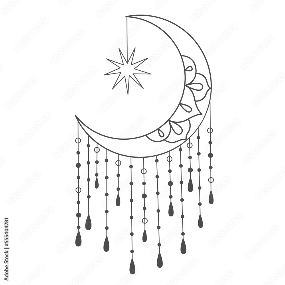 Line art Moon with Star on the White Background. Vector Illustration ...