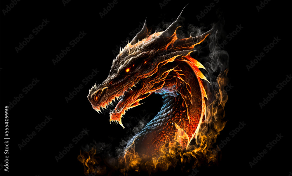 Fire dragon head on a black background. Generative AI Illistration of ...