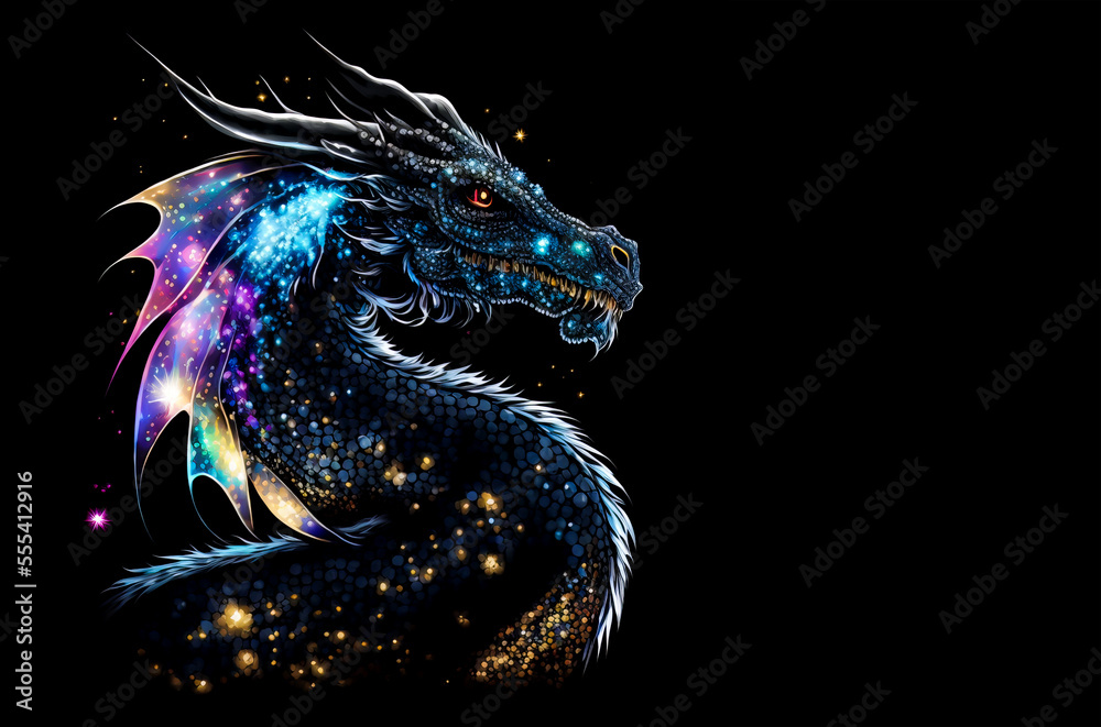 Magic dragon head on a black background. Generative AI Illistration of ancient rainbow dragon on ...