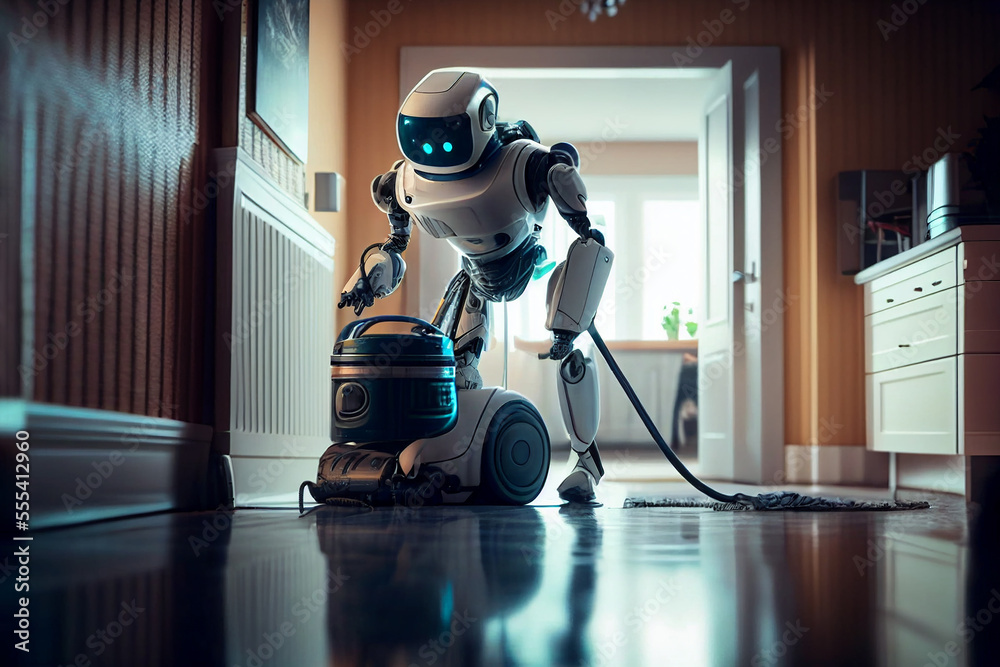 Humanoid robot with a vacuum cleaner doing domestic housework, showing ...