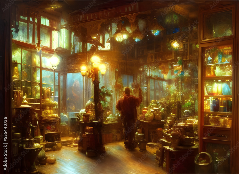 Painting of an old fashioned general store depicting a small, quaint ...