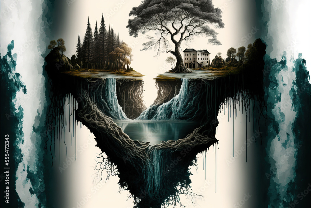 Inception like landscape with trees and waterfall, dark water paint ...