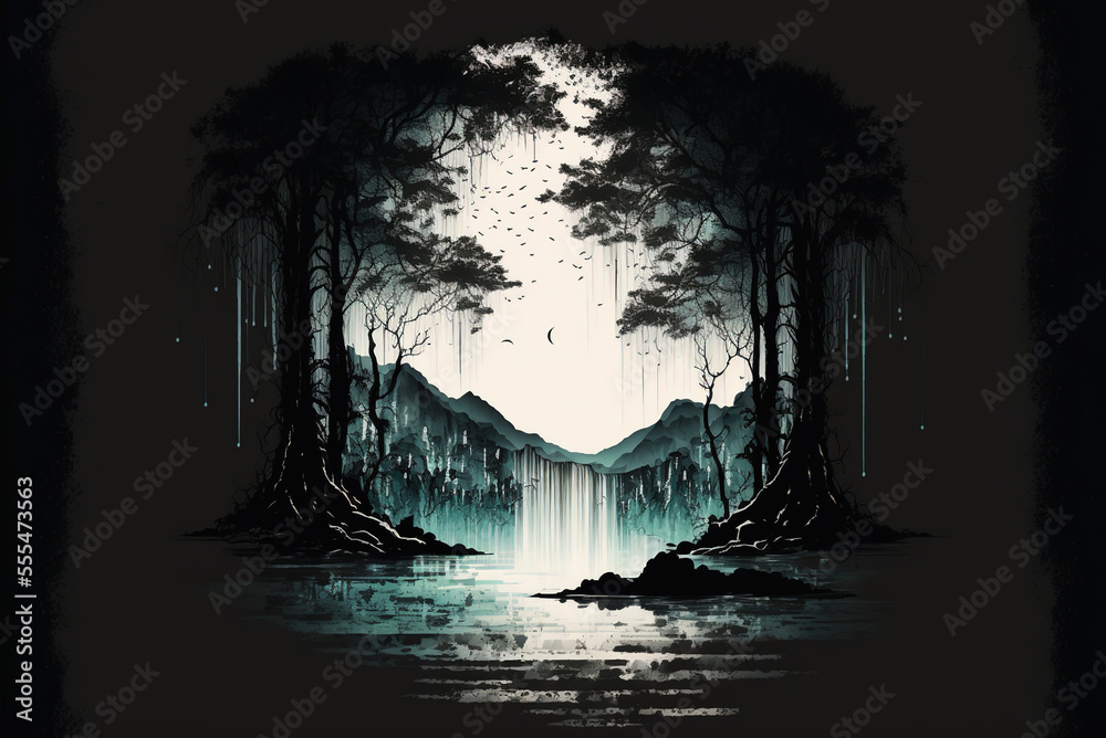 Inception like landscape with trees and waterfall, dark water paint ...
