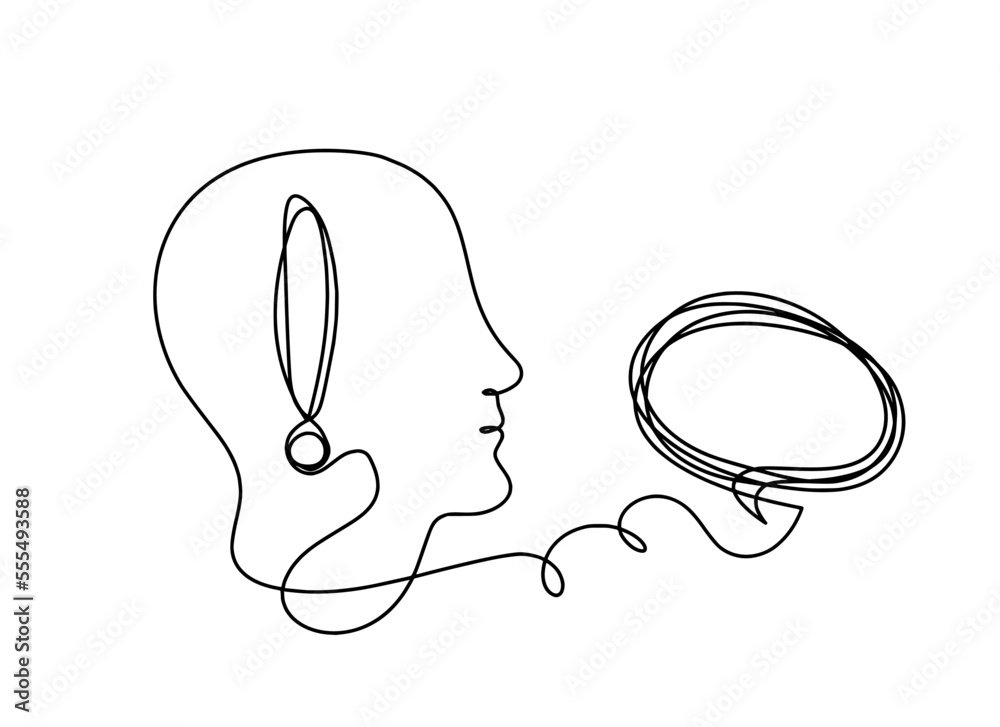 Man silhouette profile with comment as line drawing on white background ...