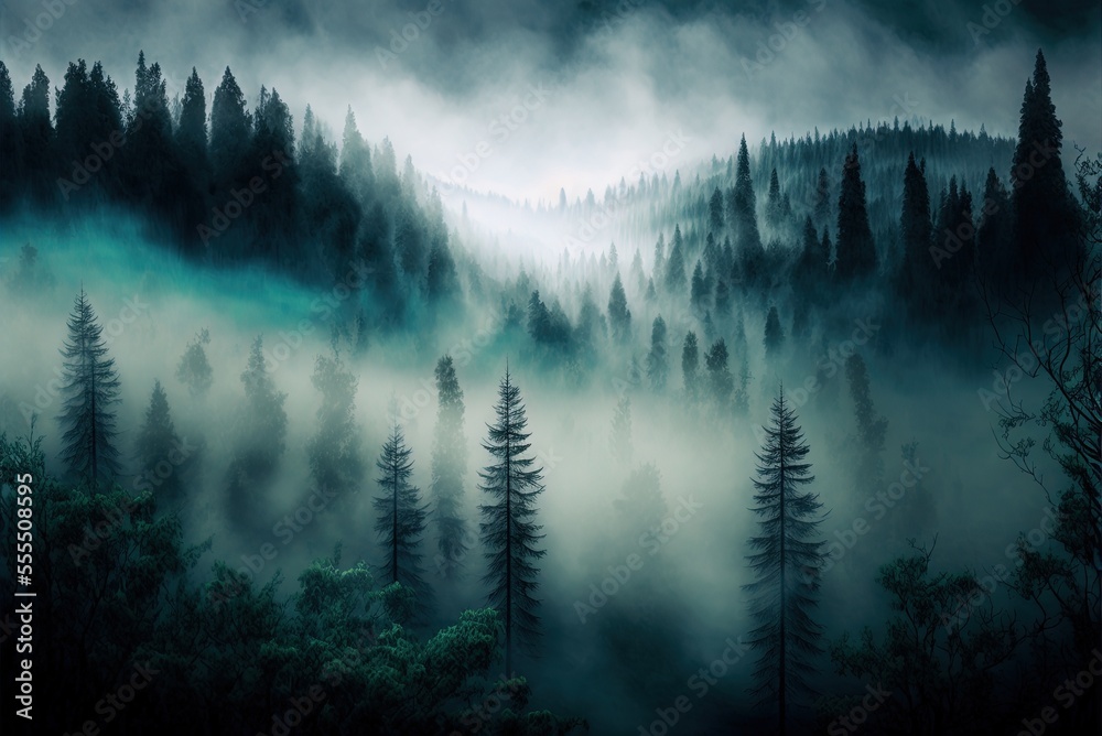 Heavy fog blankets the woodland floor. Perspective from above; haze and ...