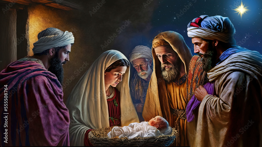 The Magi brought gifts to the baby Jesus, stand next to Mary and Joseph ...