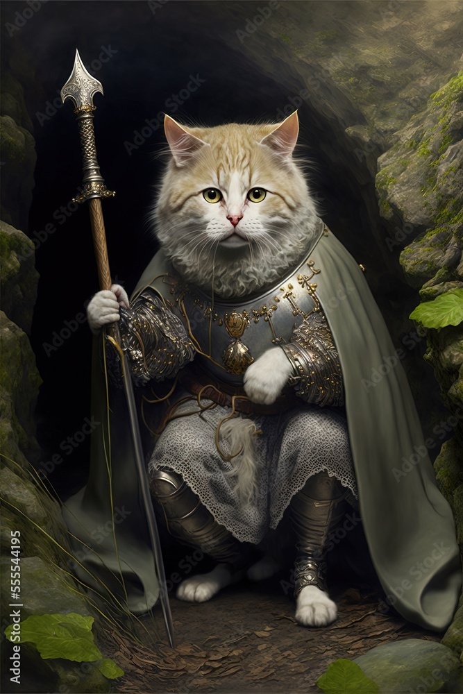 Ilustración de Stock Cat soldier knight holding a spear emerging from a ...