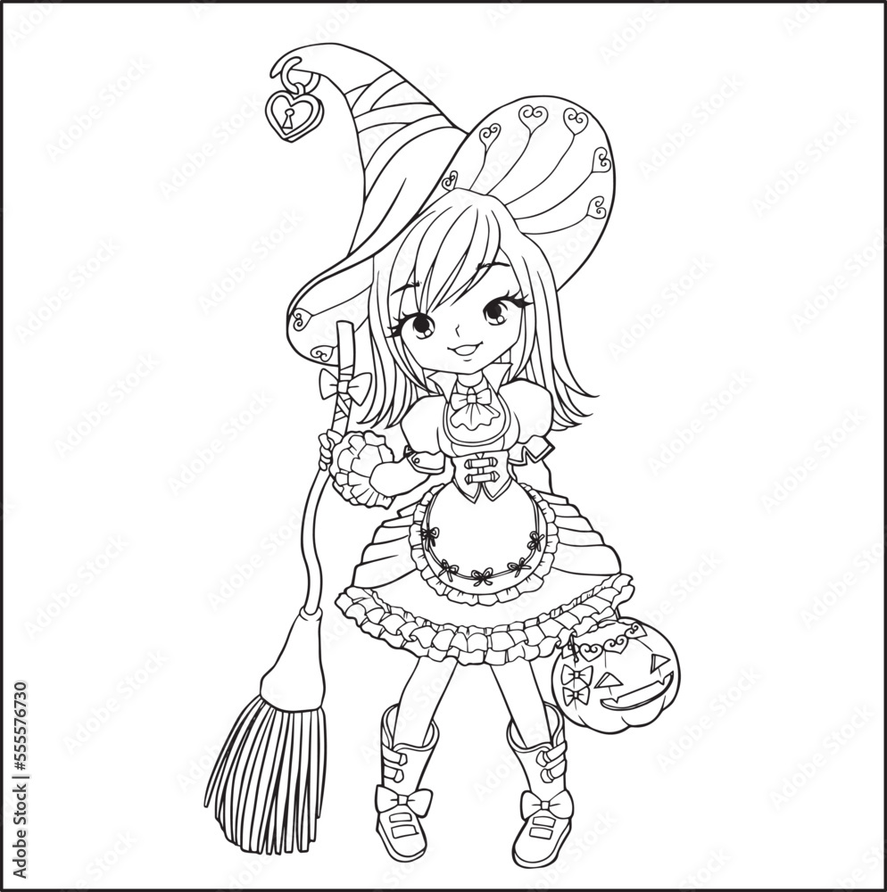 little witch cartoon doodle kawaii anime coloring page cute ...