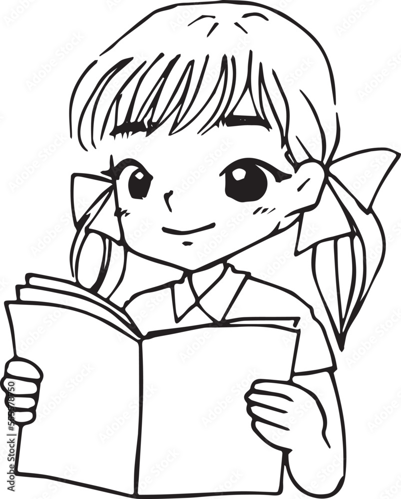 young girl reading a book cartoon doodle kawaii anime coloring page ...