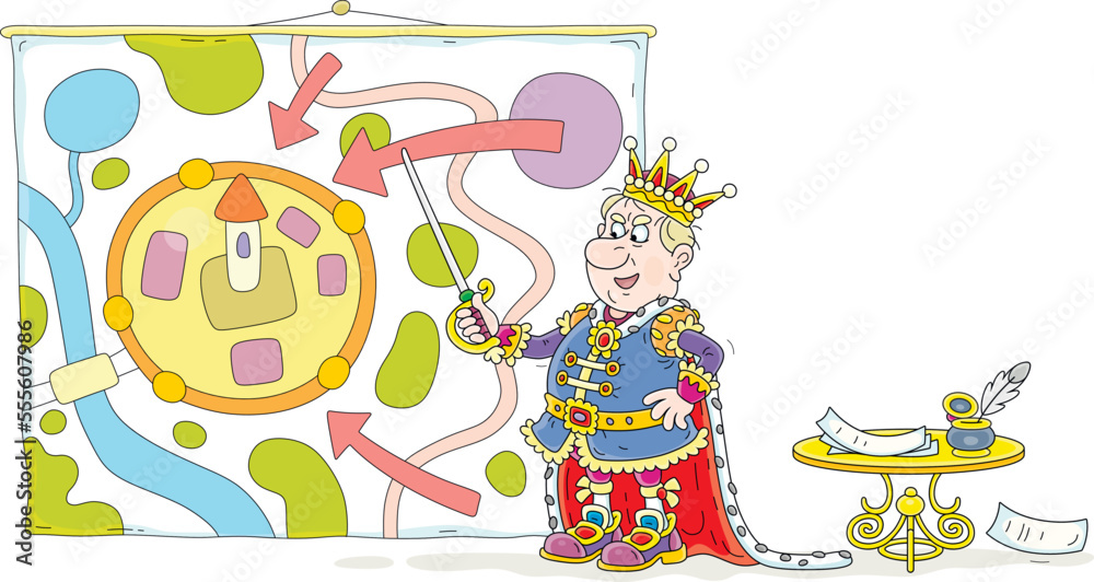 Angry king standing at a war map and indicating with his sword a main ...