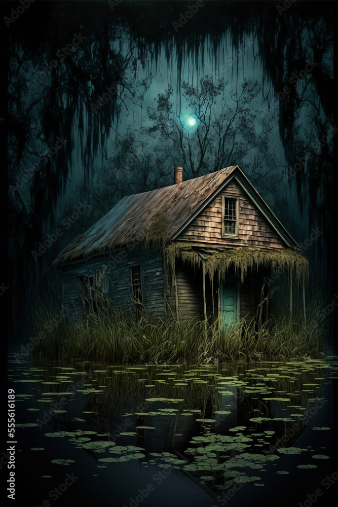 Generative AI illustration of scary house on swamps Stock Illustration ...