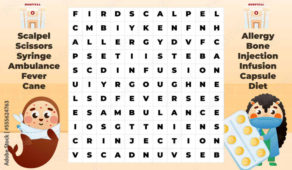 Medical word search game for kids with cute walrus patient with allergy ...
