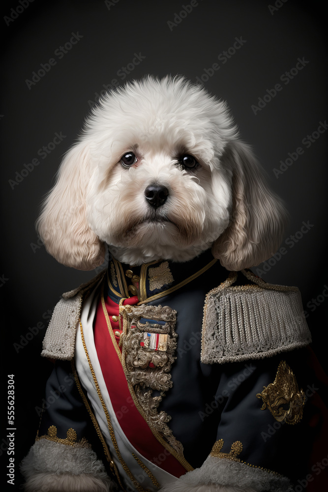 A portrait of a dog wearing historic military uniform. Pet portrait in ...