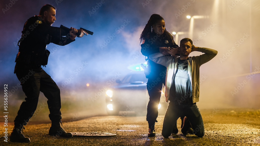 Two Police Officers Catch and Put Suspect Under Arrest. Cops Aiming ...