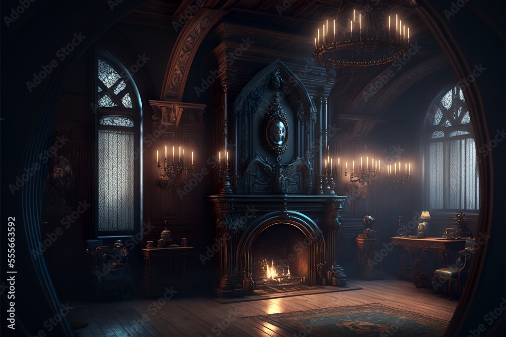 Dark creepy Gothic mansion victorian living room interior with wooden ...