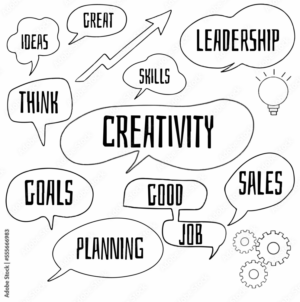 set hand drawn doodle speech bubbles of GREAT, IDEAS, THINK, LEADERSHIP ...