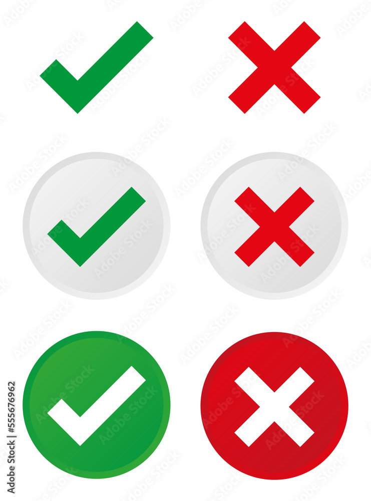 Green check mark and red cross mark icons or buttons. Checkmark, tick ...