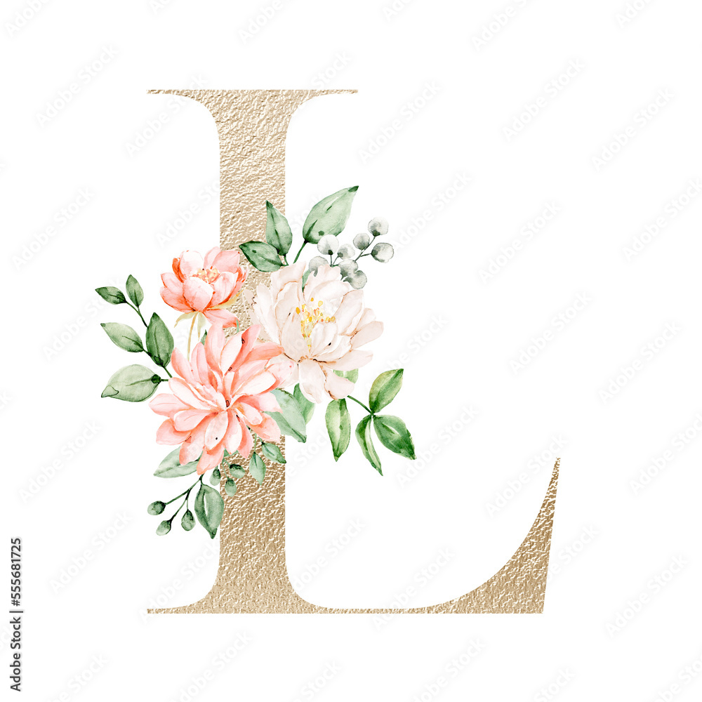 Floral alphabet, gold letter L with watercolor flowers and leaf ...
