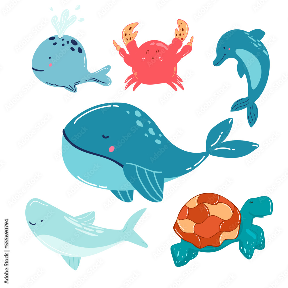 Cartoon sea animals. Cute ocean fish, shark and turtle, jellyfish, crab ...