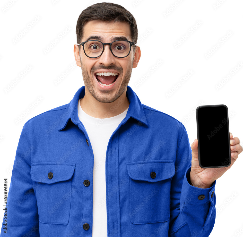 Amazed and shocked man showing empty black screen of his phone in hand ...