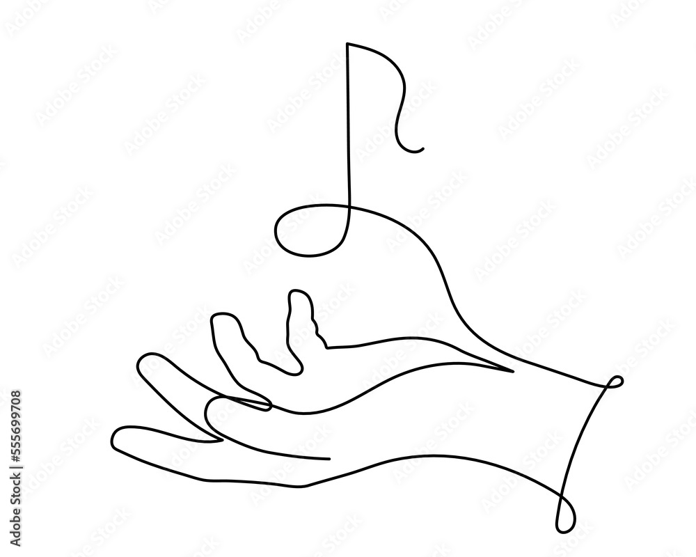 Hand holds musical note one line art, hand drawn continuous contour ...