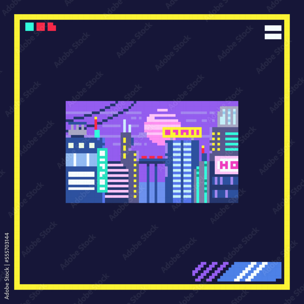 Pixel art cyber city illustration. 8bit cyberpunk style icon of night ...