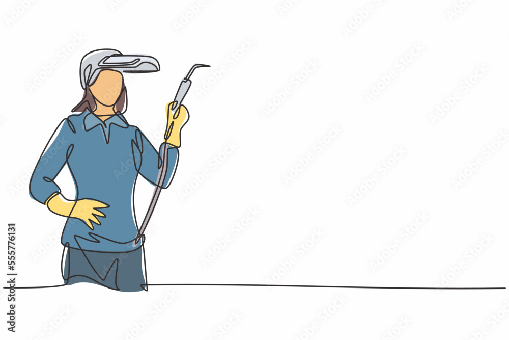 Single continuous line drawing of young attractive female welder ...
