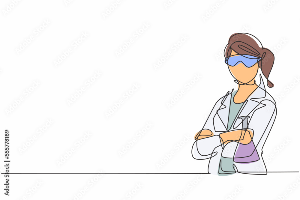 Single continuous line drawing young female scientist wearing goggling ...