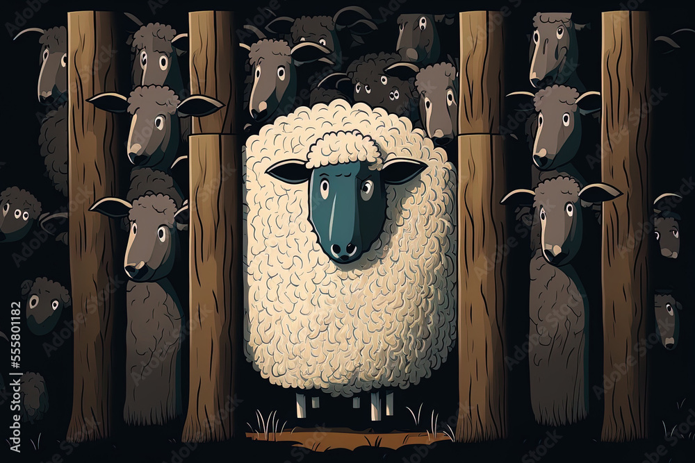 Ilustrace Sheep flock in a corral. the wolf hiding among the sheep ...