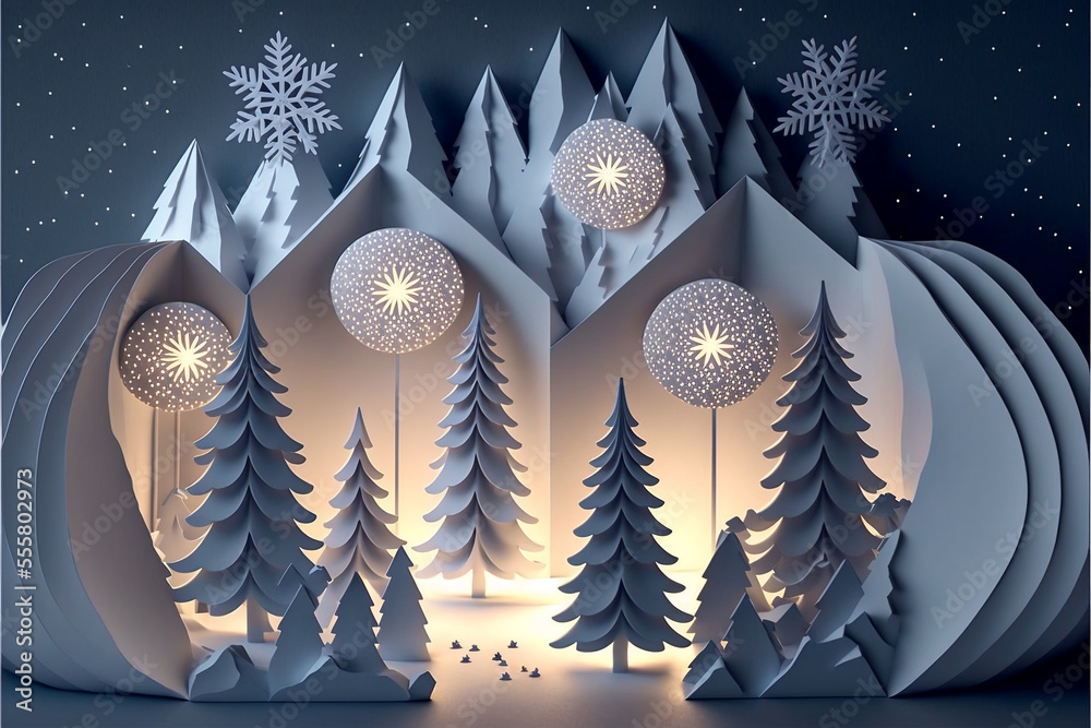 Blue and White Papercraft Winter Scene Winter Wonderland covered in ...