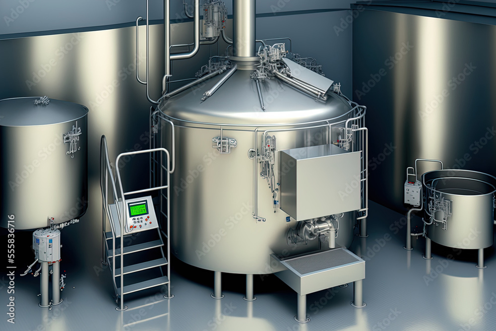 Inside a dairy plant, a fermenting tank is shown. Dairy farm technology ...