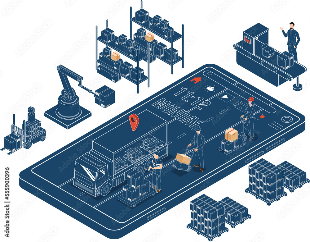 Isometric 3D Smart Industry concept with delivery tracking system on ...