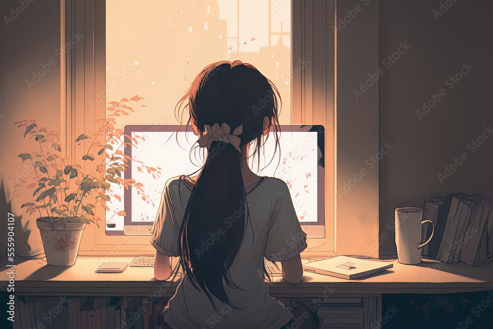 Anime girl working at her desk. Cute drawing of a young woman sitting ...