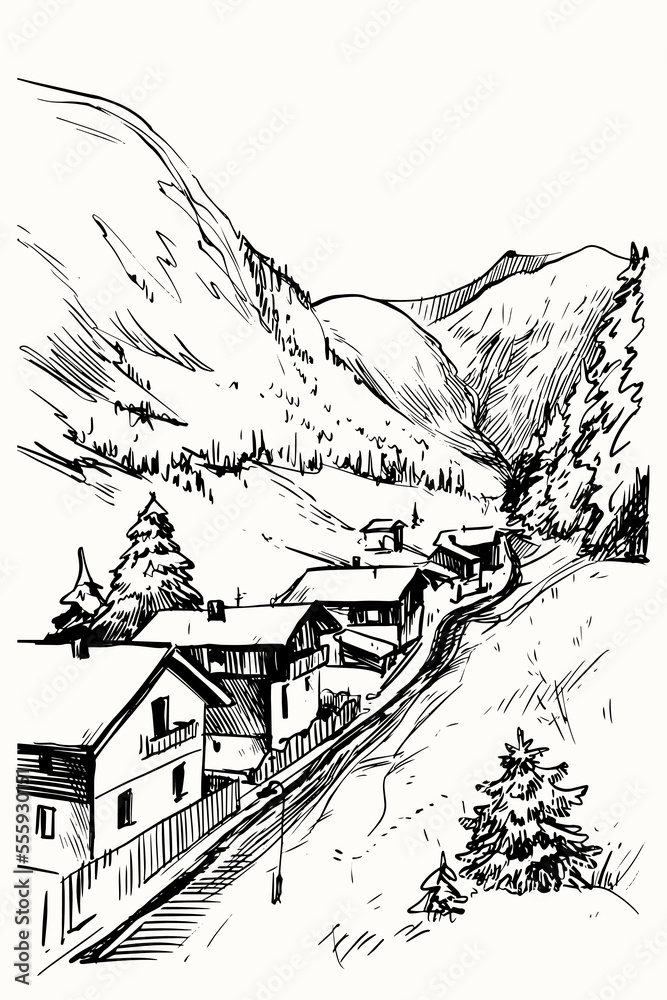 Mountain landscape with snow. Winter Alps panorama view, town, rocks ...