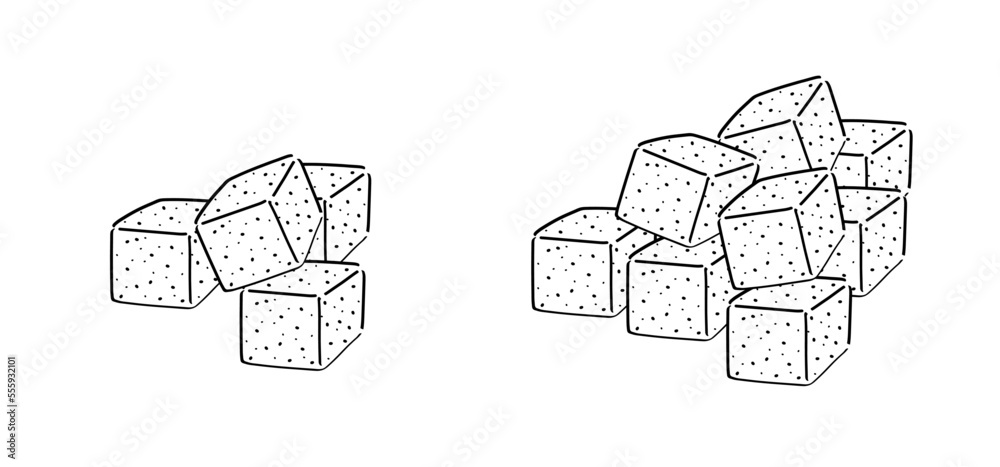 Cartoon, hand draw sugar cubes. Vector sugar cube icon or symbol. Line pattern. Pile of sugar ...