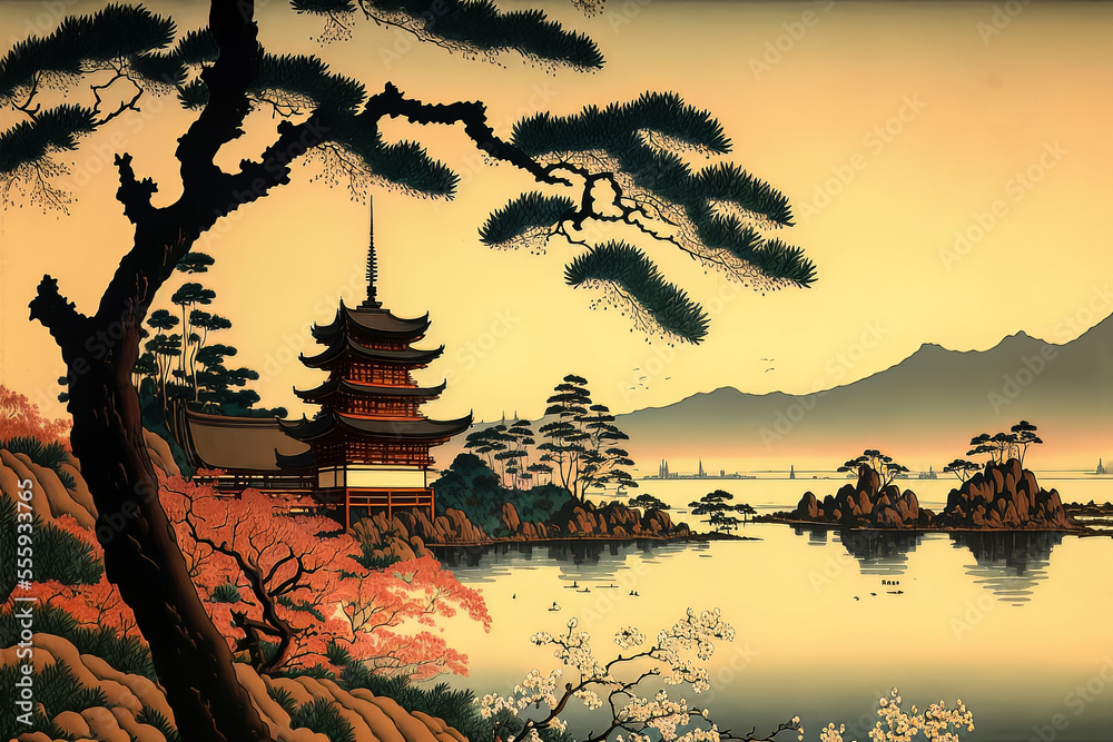 Old japanese illustration drawing. Ukiyo-e traditionnal painting ...