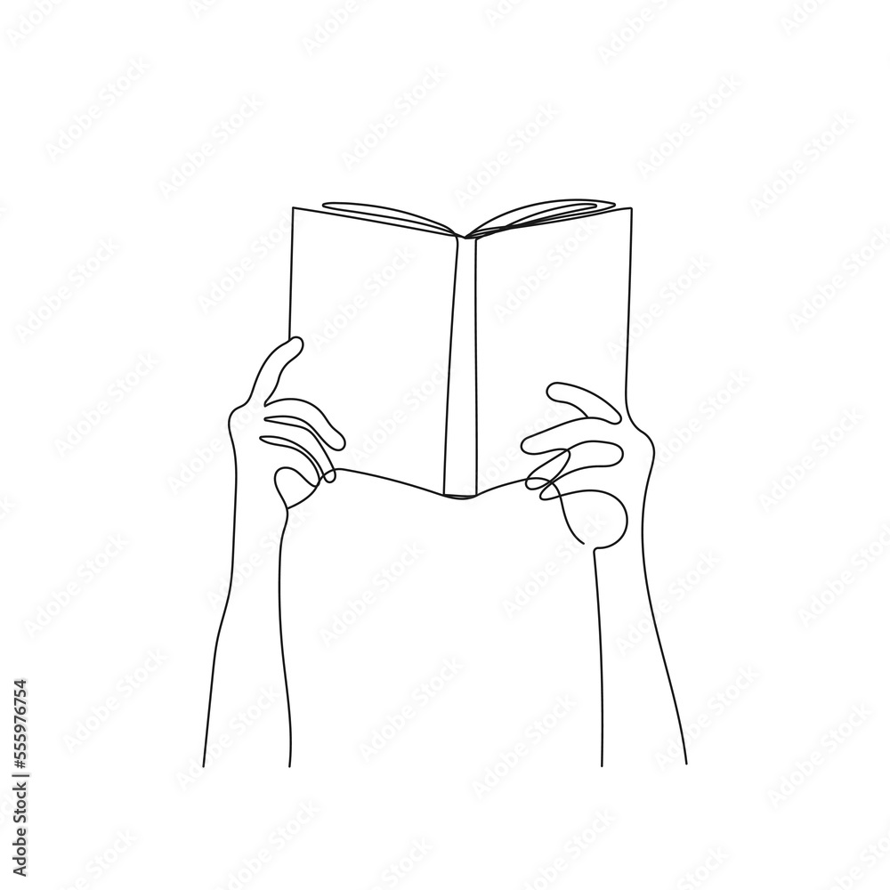 Hands holding open book in one line drawing style. Reading, education ...
